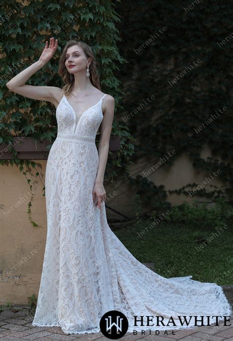 Sparkling V Neck Lace Straps A Line Bridal Gown