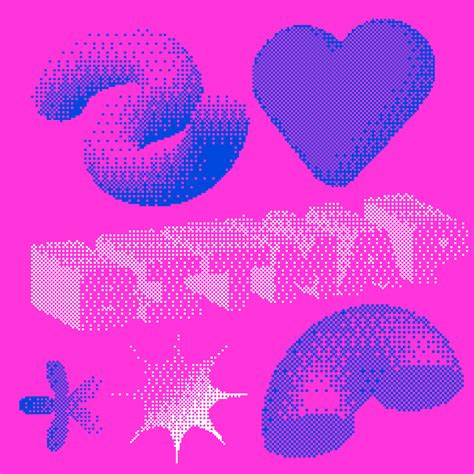 Universal Trendy Geometric 3d Shapes Set Twirl Heart Half Ring And Word Bitmap Pixelated