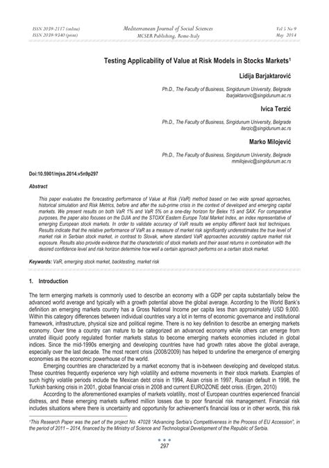 Pdf Testing Applicability Of Value At Risk Models In Stocks Markets