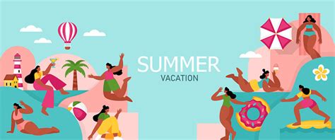 여름 방학 해변 파티 또는 수영장 파티 기하학적 배너 디자인에는 신체 긍정적 인 여성 캐릭터가 있습니다 브로셔 포스터 또는 전단지에 대한 템플릿 배경입니다 여름에 대한 스톡