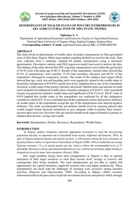 Pdf Determinants Of Wealth Status Of Poultry Entrepreneurs In Aba