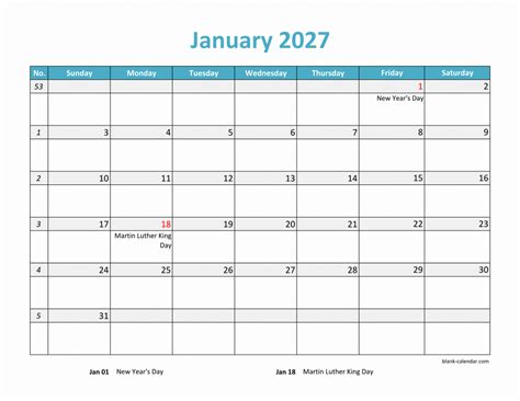 Free Download 2027 Excel Calendar Large Boxes In The Grid Horizontal