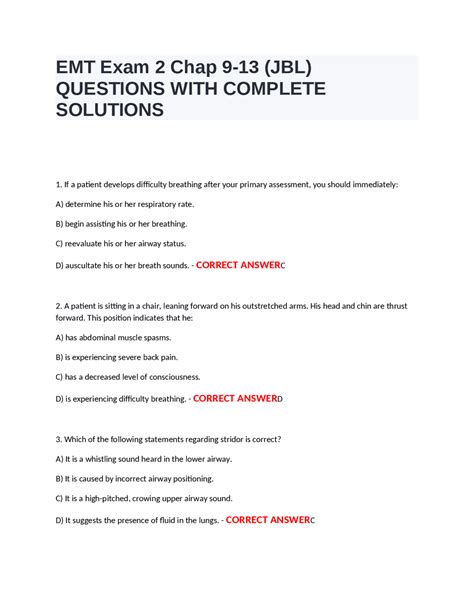 EMT Exam 2 Chap 9 13 JBL QUESTIONS WITH COMPLETE SOLUTIONS Exams Nursing Docsity
