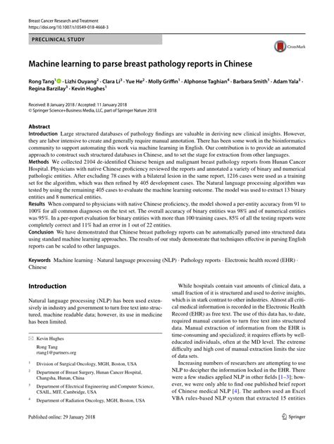 Pdf Machine Learning To Parse Breast Pathology Reports In Chinese