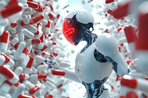 robot in a dynamic pose surrounded by cascading pills portraying the