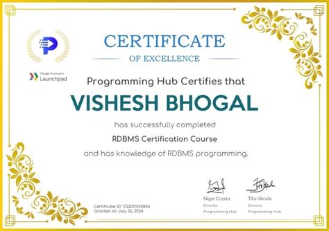 Completed Rdbms Certification From Programming Hub Vishesh Bhogal