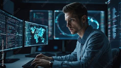 Programming Coding And Man With Focus Hologram And Trading With Cyber Security Futuristic And