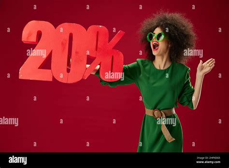 Positive Young Woman Green Dress Afro Hairstyle Dark Glasses Twenty