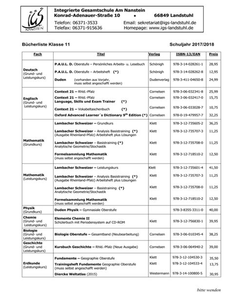 Bücherliste Klasse 9