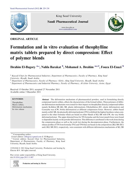 Pdf Formulation And In Vitro Evaluation Of Theophylline Matrix Tablets Prepared By Direct