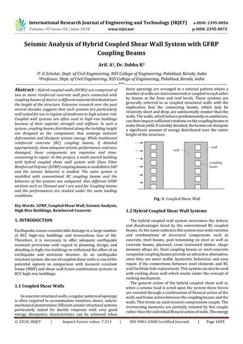 Irjet Seismic Analysis Of Hybrid Coupled Shear Wall System With Gfrp Coupling Beams Pdf