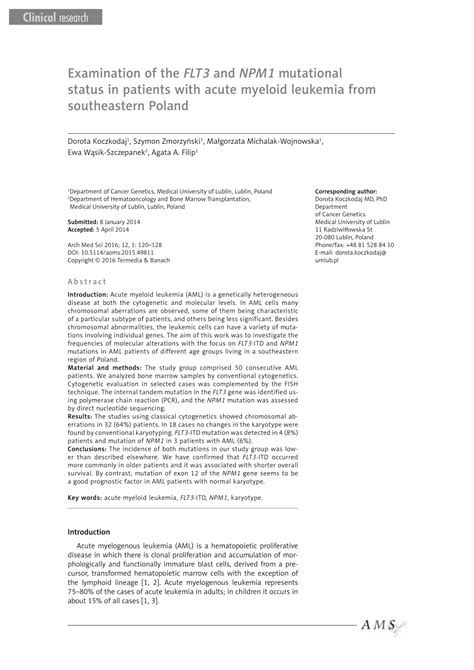 Pdf Examination Of The Flt3 And Npm1 Mutational Status In Patients With Acute Myeloid Leukemia