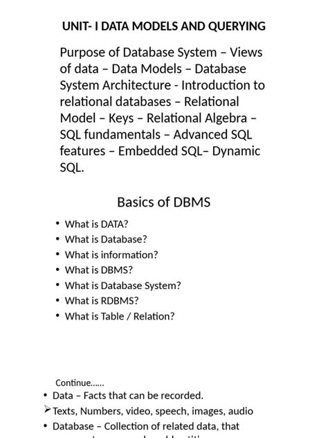 Unit I Data Models And Querying Pdf Relational Database Databases