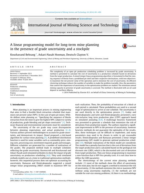 A Linear Programming Model For Long Term Mine Planning Koushavand