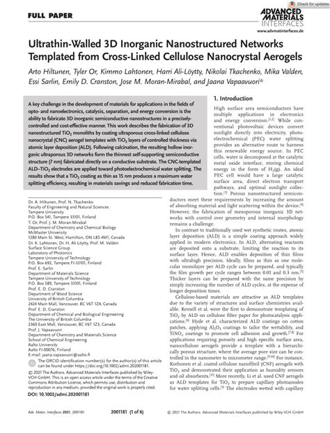 Pdf Ultrathin‐walled 3d Inorganic Nanostructured Networks Templated From Cross‐linked