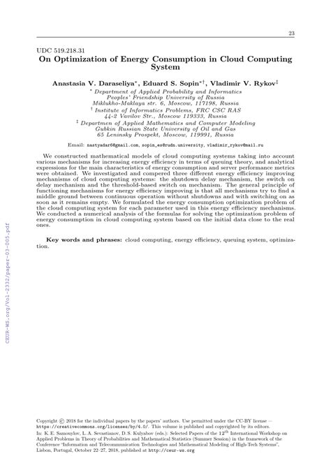 PDF On Optimization Of Energy Consumption In Cloud Computing System