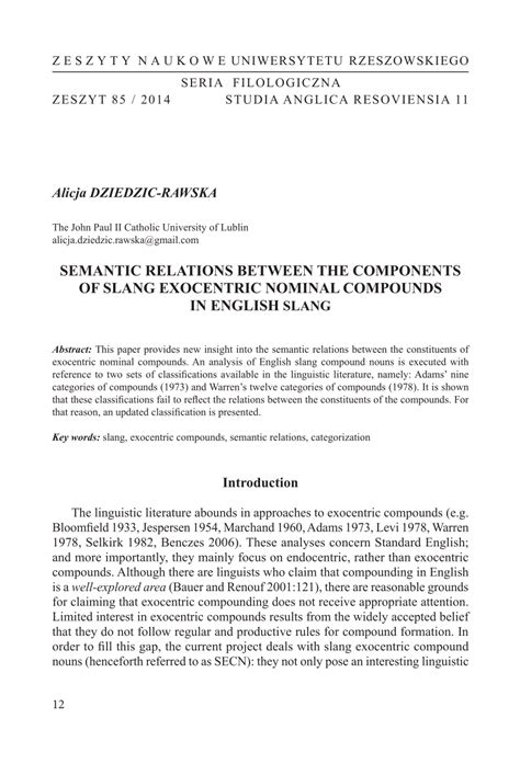 Pdf Semantic Relations Between The Components Of Slang Exocentric Nominal Compounds In English