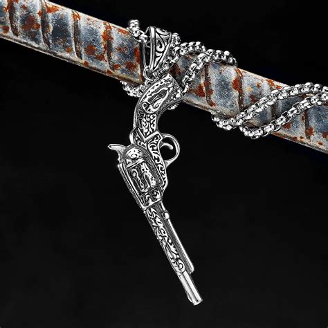 Vintage Engraved Revolver Stainless Steel Men Women Necklaces Pendants