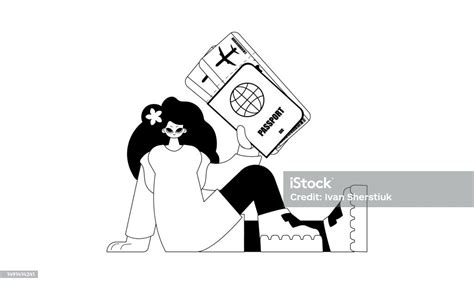 홍수에 휩싸인 여성은 티켓을 둘러싼 대화와 함께 비자를 들고 있습니다 관광 과목 비참하고 하얀 선의 장인 정신 트렌디한 스타일 벡터 일러스트레이션 가방에 대한 스톡 벡터