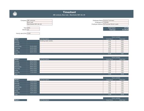 Timesheet Excel Template Printable Editable Pay Calculator Etsy