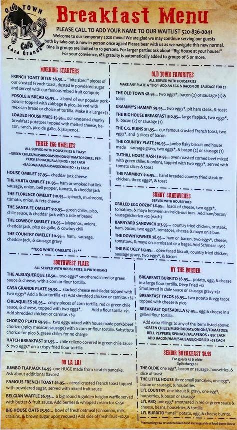 Menu At Big House Cafe And Catering Casa Grande