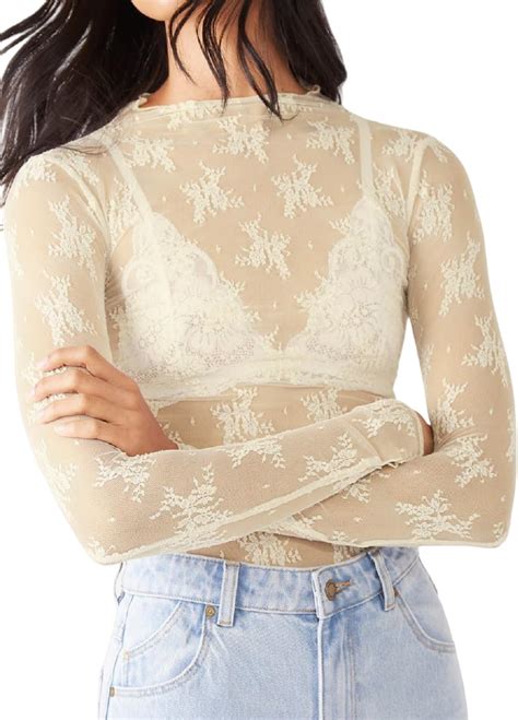 Fp Lace Long Sleeve Tops For Women Dupes Mock Neck Sheer