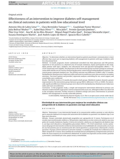 Pdf Effectiveness Of An Intervention To Improve Diabetes Self Management On Clinical Outcomes
