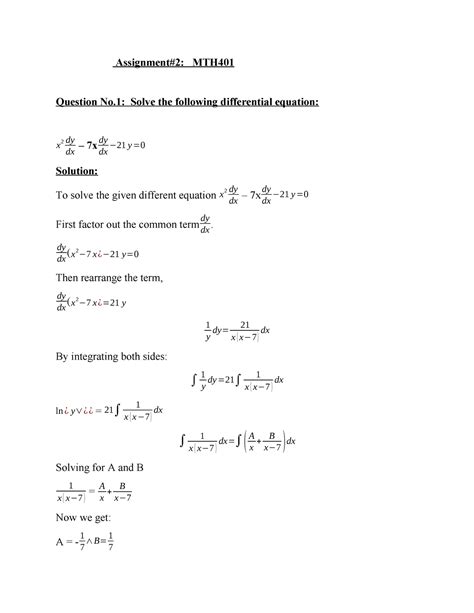 Mth401 Assignment Assignment2 Mth Question No Solve The Following Differential Equation