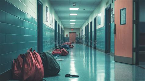 Empty School Hallway With Scattered Backpacks And Open Classroom Doors