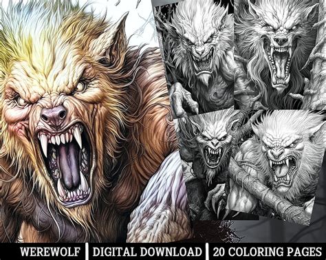 Werewolf Coloring Pages For Adults Instant Download Grayscale Coloring Page Printable Png