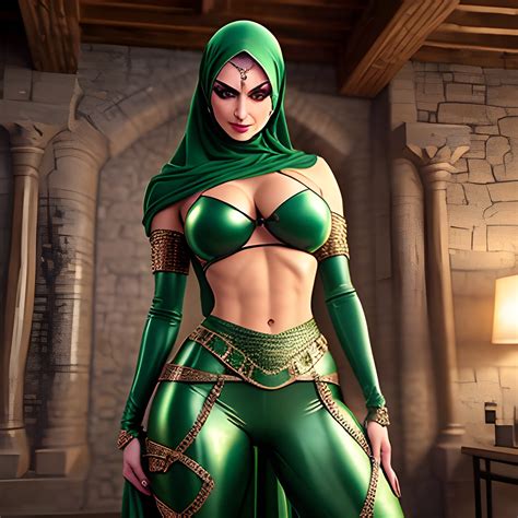 Sexy Hijab Babe With Abs With Sexy Medieval Armor And Green Eyes And