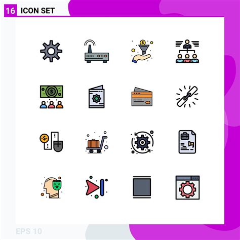 Set Of 16 Commercial Flat Color Filled Lines Pack For Online Business Funnel Group Teamwork