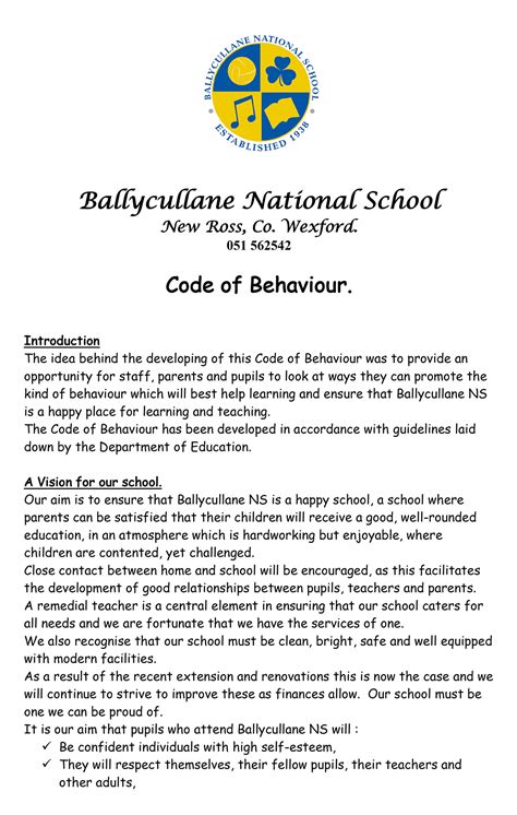 Code Of Behaviour Policy Ballycullane National School
