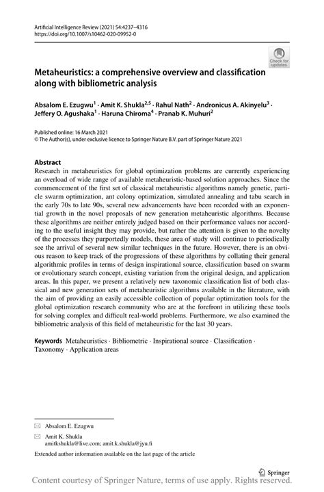 Metaheuristics A Comprehensive Overview And Classiication Along With Bibliometric Analysis