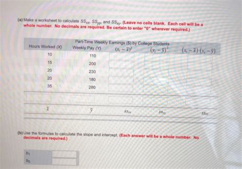 a make a worksheet to calculate ss ssyy and ssxy leave no cells