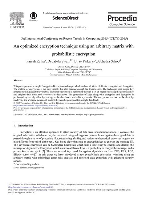 pdf an optimized encryption technique using an arbitrary matrix with