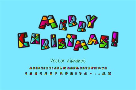 메리 크리스마스 만화 벡터 알파벳입니다 대문자 영어 문자와 숫자 밝은 모자이크 서체입니다 크리스마스와 휴일 창조적 인 디자인을위한 멀티 컬러 글꼴 겨울에 대한 스톡 벡터