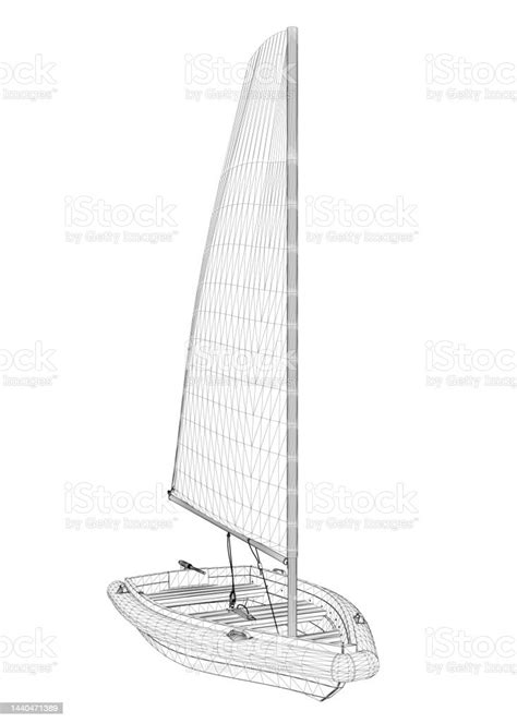 Wireframe Of A Small Boat With A Sail Made Of Black Lines Isolated On A White Background Front