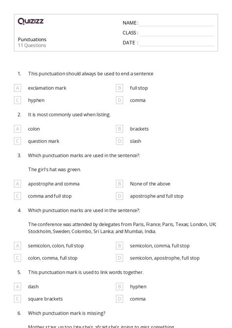 50 punctuation worksheets for 6th class on quizizz free and printable