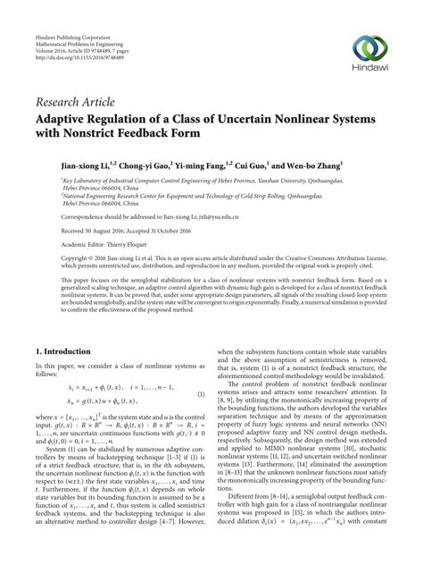 Pdf Adaptive Regulation Of A Class Of Uncertain Nonlinear Systems