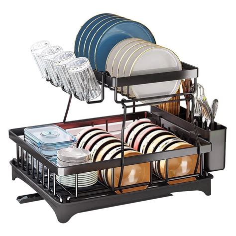 2 Tier Dish Drying Rack With Drain Board Carbon Steel Countertop Dish