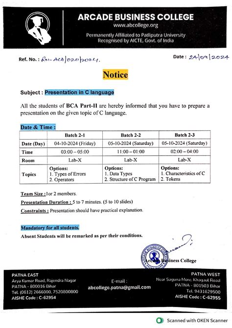 Notice For Presentation In C Language Arcade Business College