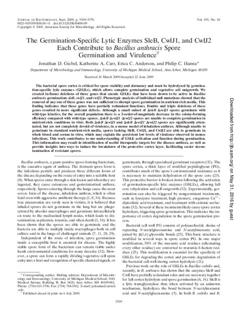 Pdf The Germination Specific Lytic Enzymes Sleb Cwlj1 And Cwlj2 Each Contribute To Bacillus