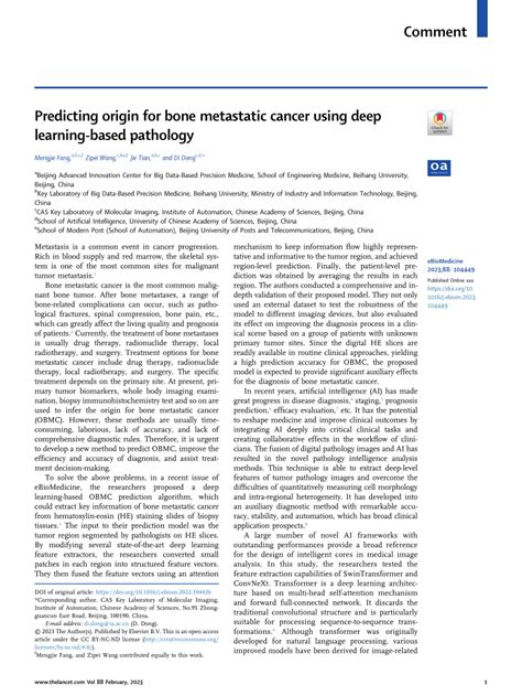 Pdf Predicting Origin For Bone Metastatic Cancer Using Deep Learning Based Pathology
