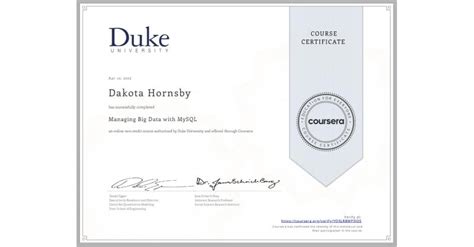 Completion Certificate For Managing Big Data With Mysql Dakota Hornsby