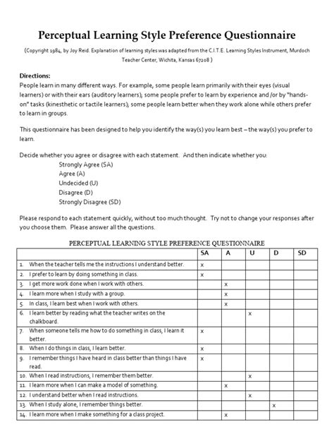 Annex 2 Perceptual Learning Style Preference Questionnaire Pdf Learning Styles Learning