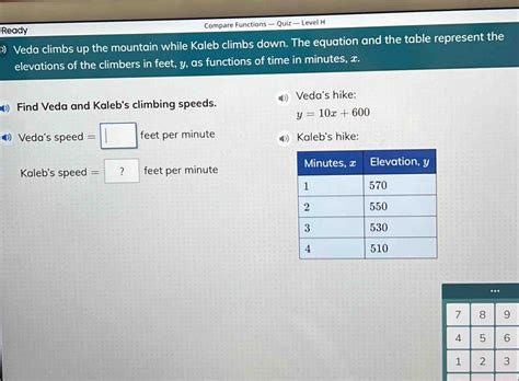 Ready Compare Functions Quiz Level H I Veda Climbs Up The Mountain While Kaleb Climbs Math