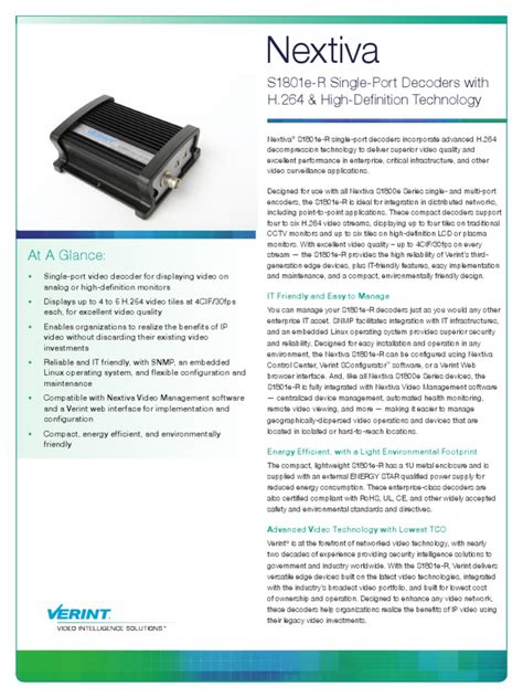 Nextiva S1801e R Decoder Data Sheet Pdf H264mpeg 4 Avc Video