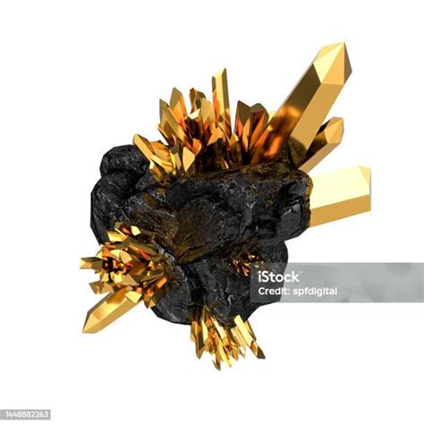 3d 렌더링 디지털 일러스트레이션 석탄의 추상 금 결정 투시도 황금 덩어리 난해한 디자인 요소 흰색 배경에 격리 결정체에 대한 스톡 사진 및 기타 이미지 Istock