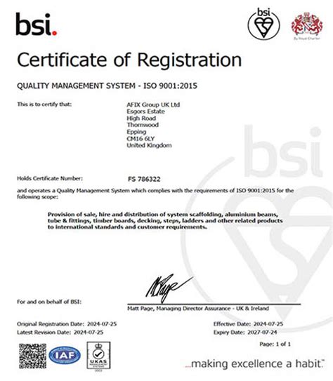 Bsi Iso 9001 Certificate For Afix Group Uk Premises In Epping Afix